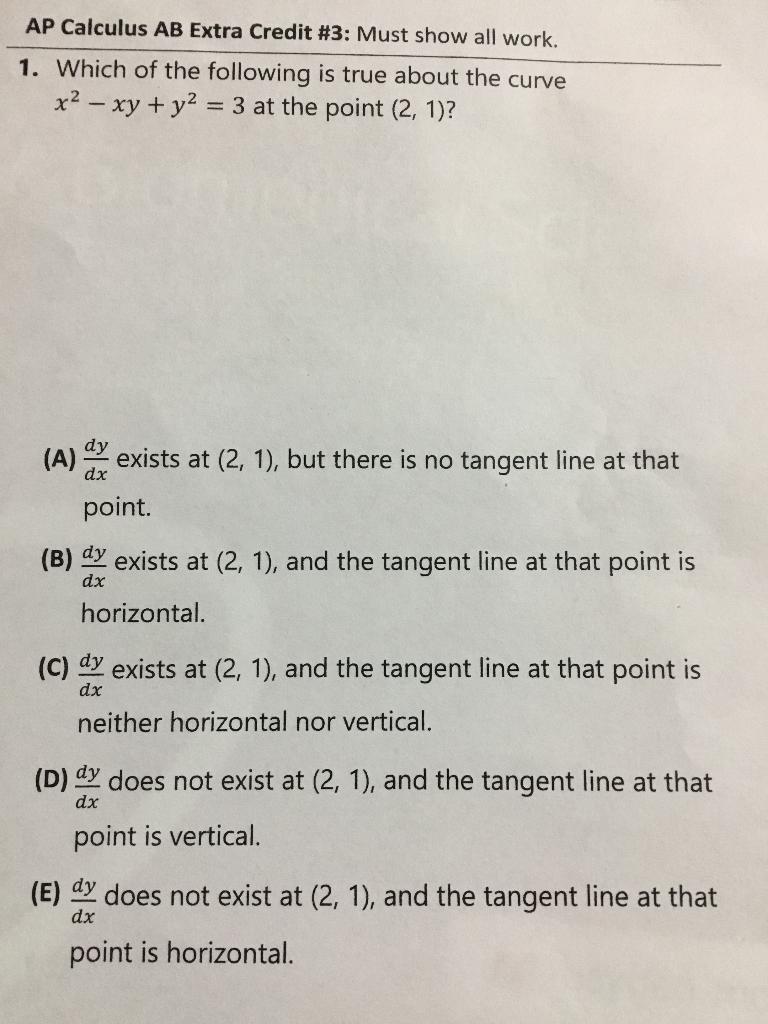 Solved AP Calculus AB Extra Credit \#3: Must show all work. | Chegg.com