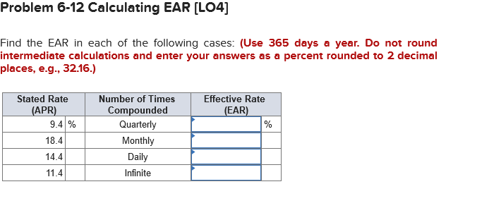 Solved Problem 6-12 Calculating EAR (L04] Find the EAR in | Chegg.com