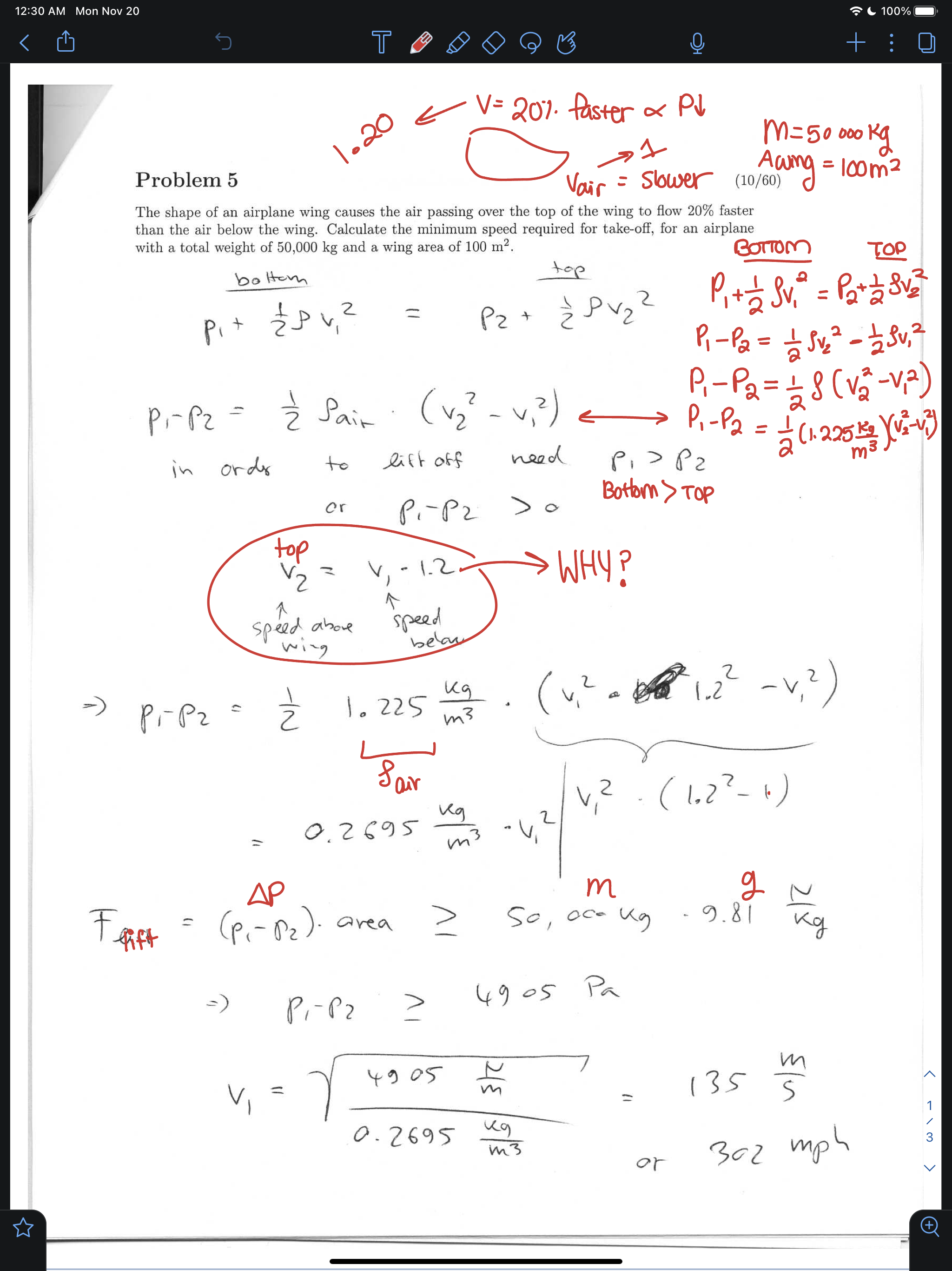 Solved The shape of an airplane wing causes the air passing | Chegg.com