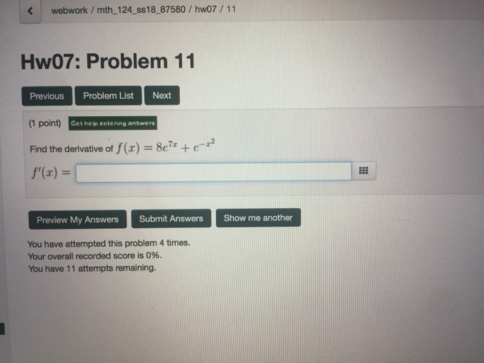 Solved webwork /mth 124 ss18 87580 / hw07 /11 Hw07: Problem | Chegg.com