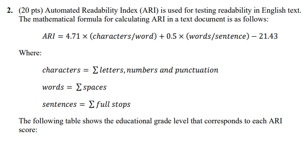 2. (20 pts) Automated Readability Index (ARI) is used | Chegg.com
