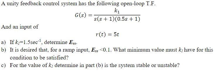 Solved A unity feedback control system has the following | Chegg.com
