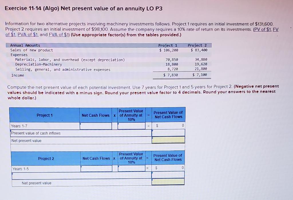 Solved Exercise 11-14 (Algo) Net present value of an annuity | Chegg.com
