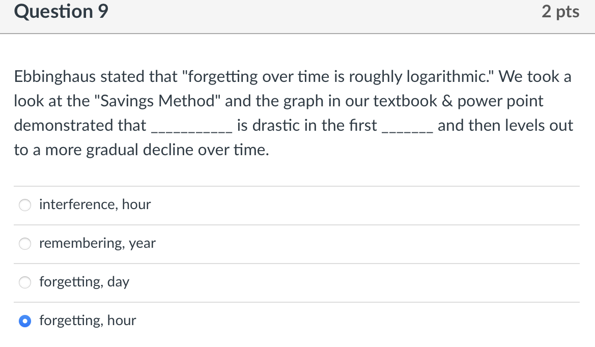 Solved Ebbinghaus stated that "forgetting over time is | Chegg.com