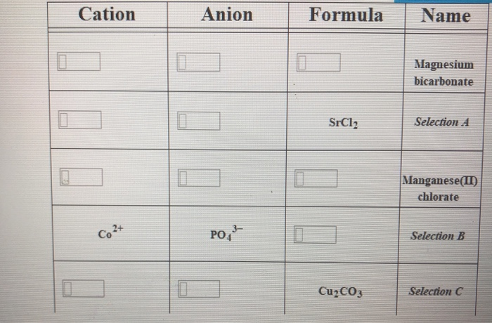 Solved Cation Anion Formula Name Magnesium bicarbonate SrCl2 | Chegg.com