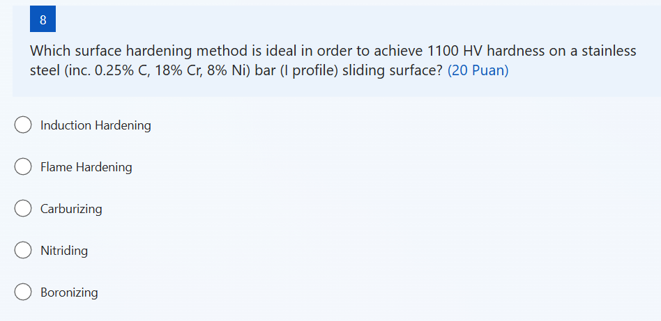 Solved 8Which surface hardening method is ideal in order to | Chegg.com