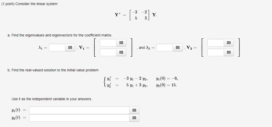Solved (1 point) Consider the linear system Y' = Y 5 a. Find | Chegg.com