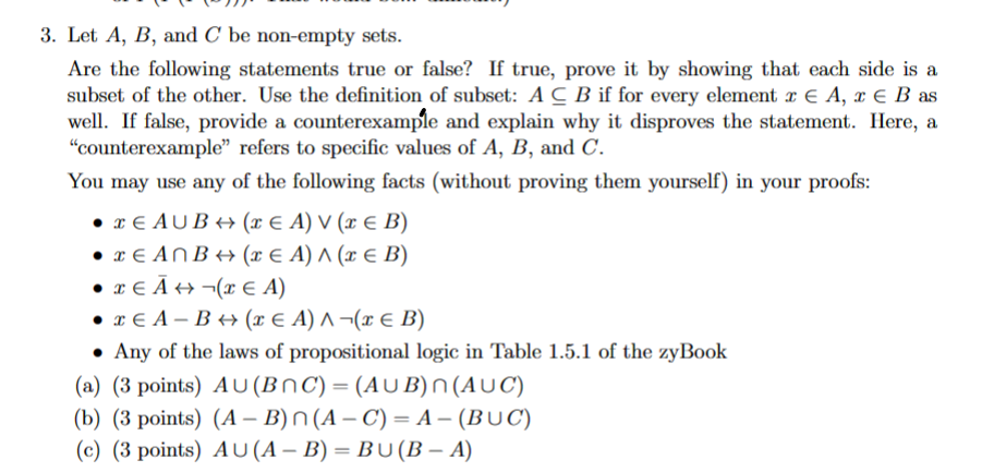 Solved (a) (3 ﻿points) A∪(B∩C)=(A∪B)∩(A∪C)(b) (3 | Chegg.com