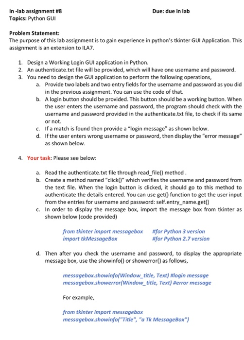 Solved In-lab assignment #8 Topics: Python GUI Due: due in | Chegg.com Solved In-lab assignment #8 Topics: Python GUI Due: due in | Chegg.com