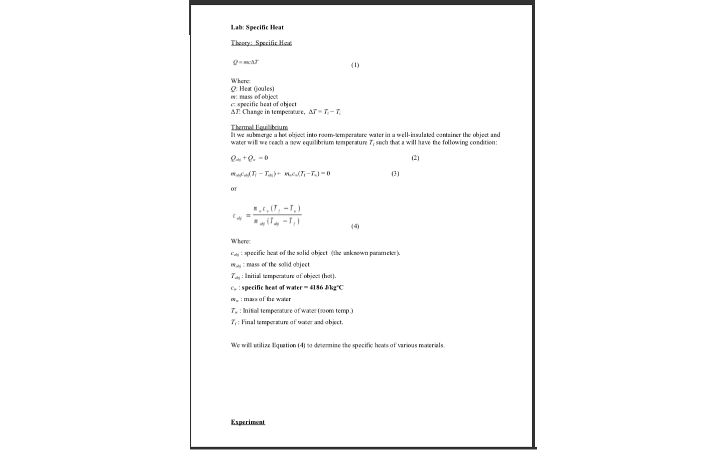 Solved Lab: Specific Heat Theory: Specific Heat MCAT Where: | Chegg.com