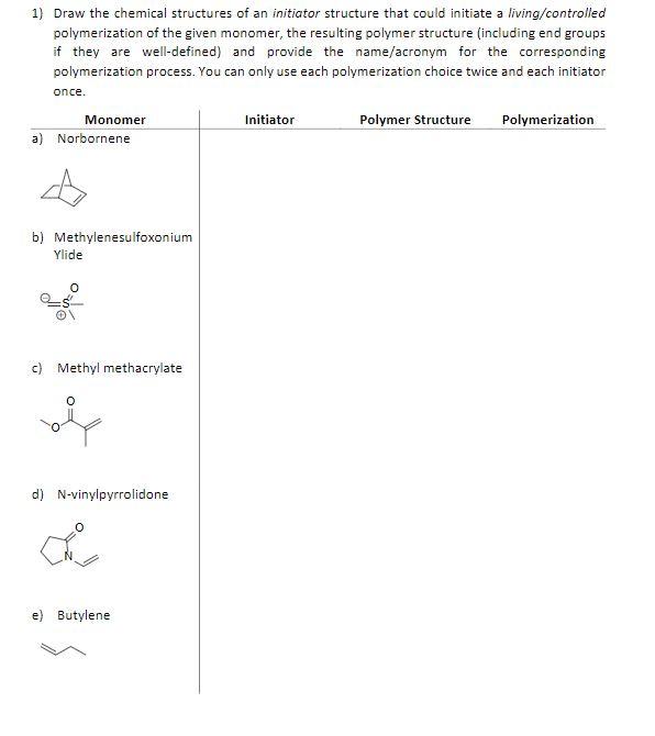 1) Draw the chemical structures of an initiator | Chegg.com