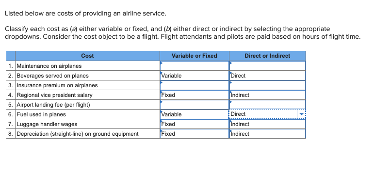 Solved Listed below are costs of providing an airline | Chegg.com
