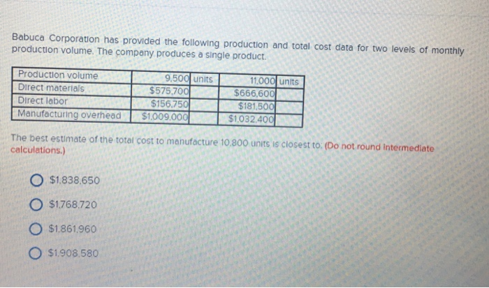 Solved Babuca Corporation has provided the following | Chegg.com