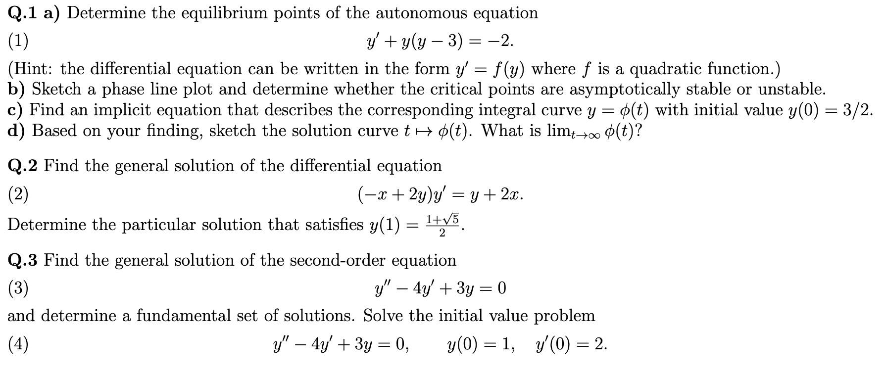Solved = Q.1 a) Determine the equilibrium points of the | Chegg.com
