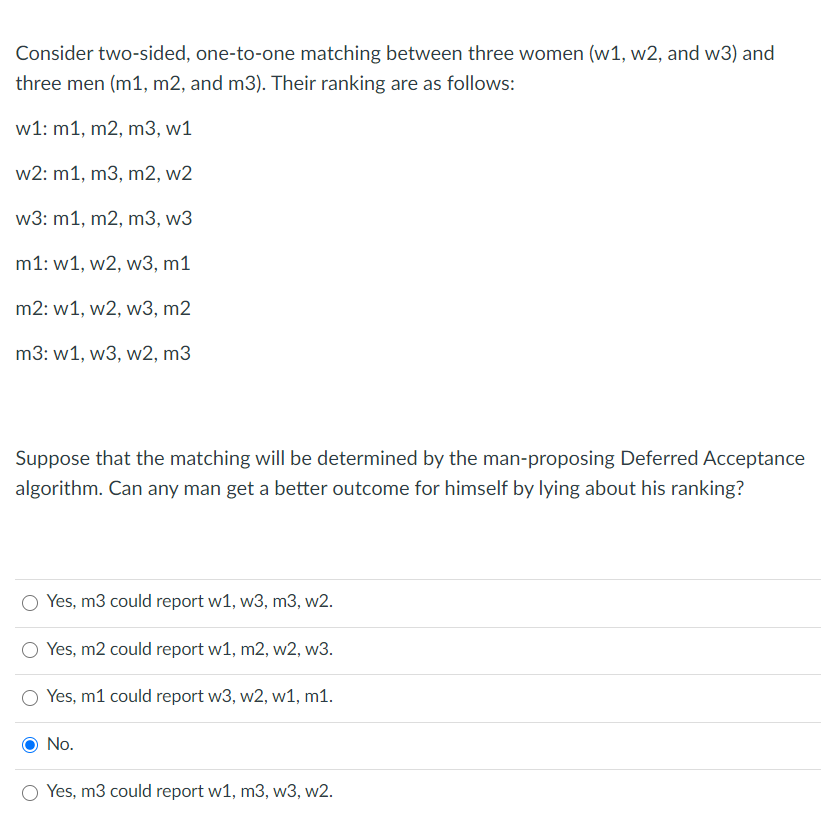 Consider two-sided, one-to-one matching between three | Chegg.com