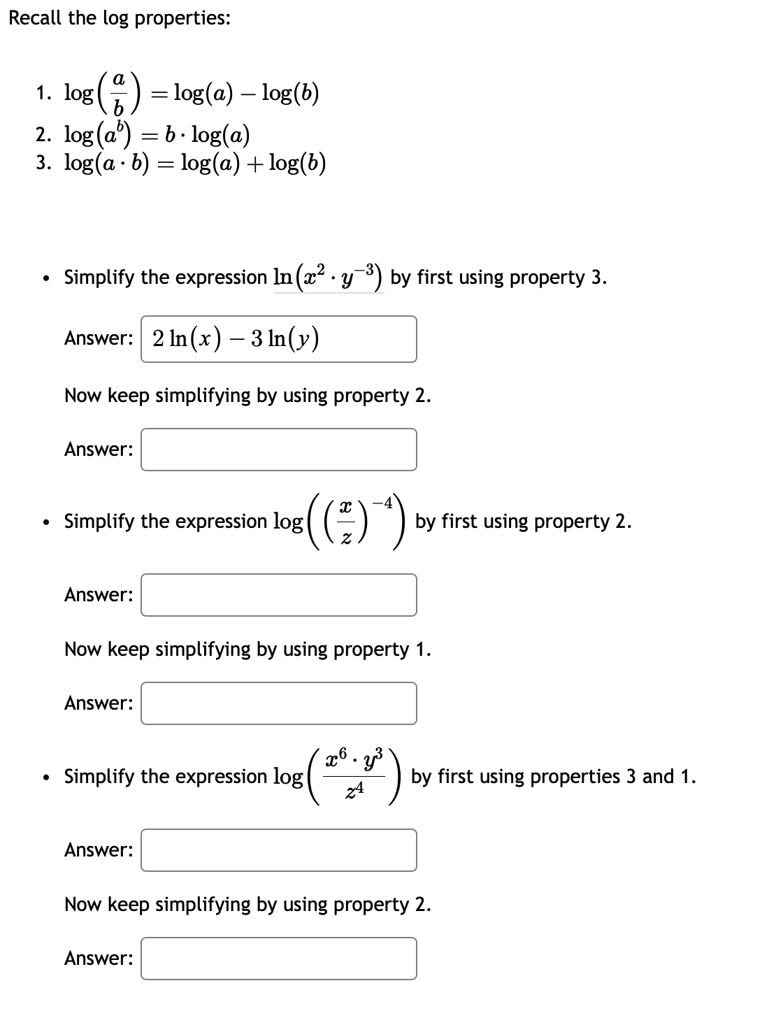 Solved Recall the log properties: 1. log(ba)=log(a)−log(b) | Chegg.com
