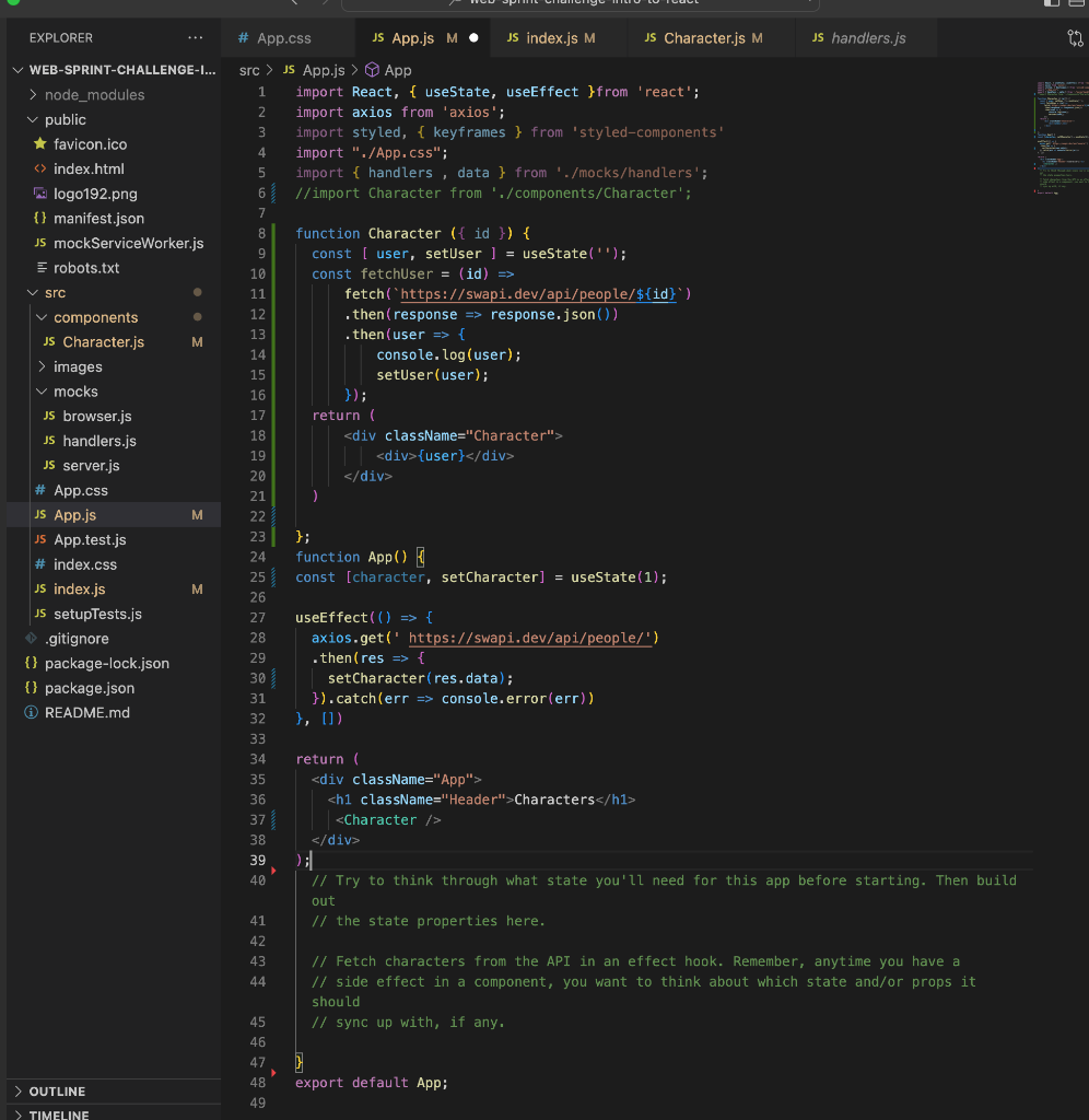 Solved how can I get info (characters data from handlers.js) | Chegg.com