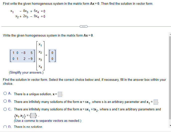 Solved Find the solution in vector form. Select the correct | Chegg.com