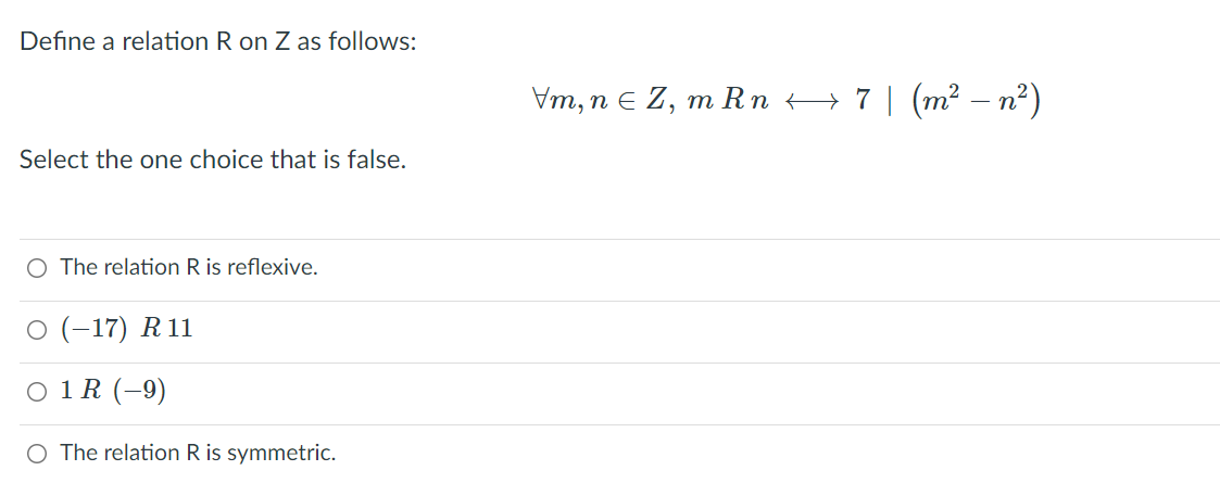 Solved Define a relation R on Z as follows: Select the one | Chegg.com