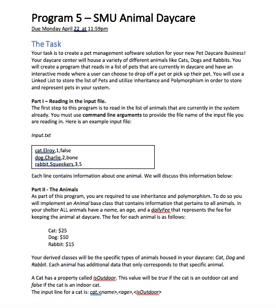 Program 5-SMU Animal Daycare Monday April The Task | Chegg.com