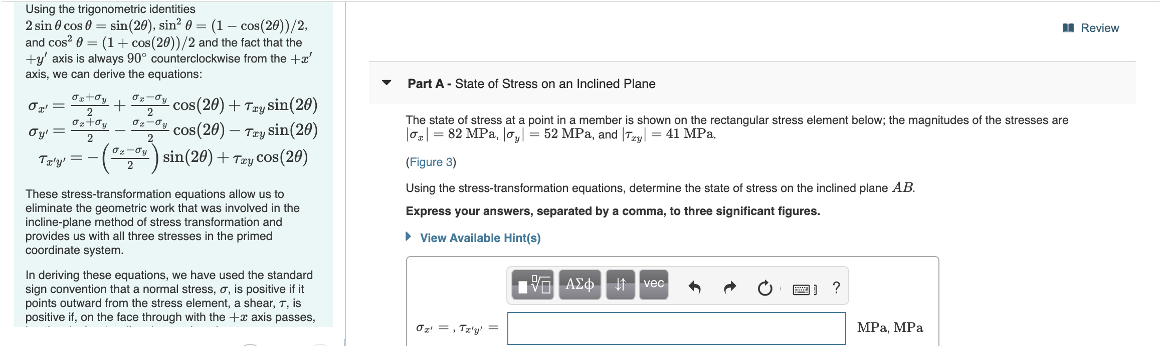 Solved Part B - Clockwise Rotation of a Stress Element with | Chegg.com