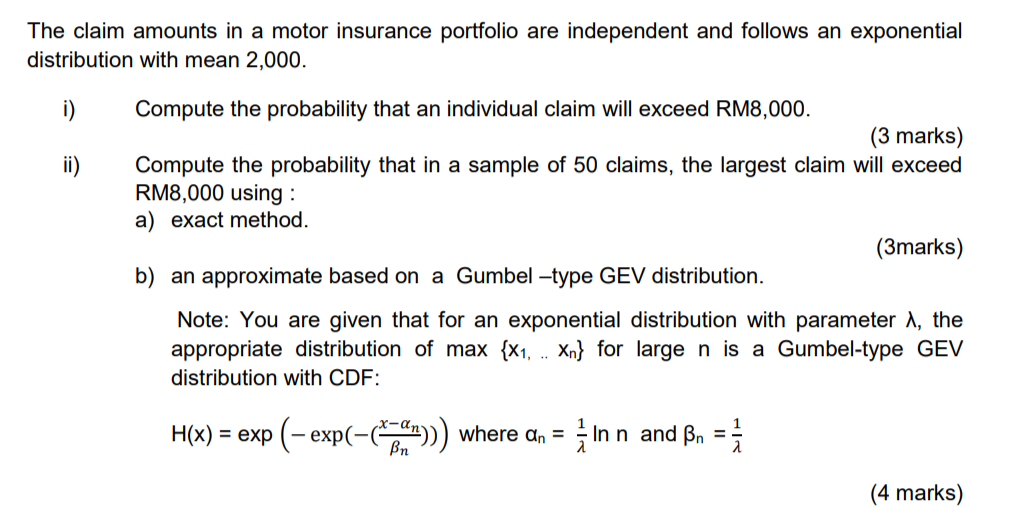 Solved The claim amounts in a motor insurance portfolio are | Chegg.com