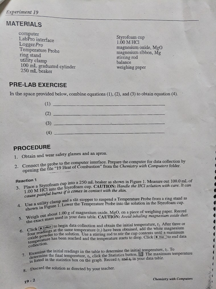 Solved Experiment 19 to DATA AND CALCULATIONS Reaction 1 | Chegg.com