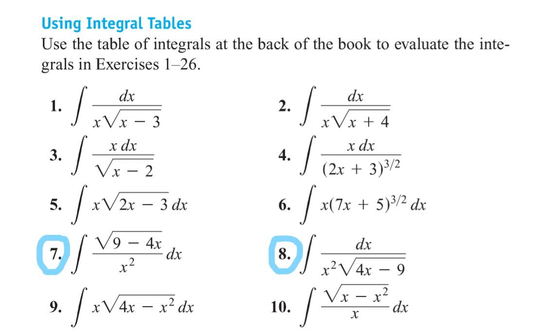 Solved Using Integral Tables Use the table of integrals at | Chegg.com
