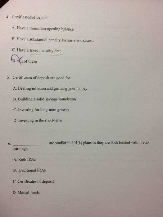 Solved 4. Certificates of deposit A. Have a minimum opening | Chegg.com
