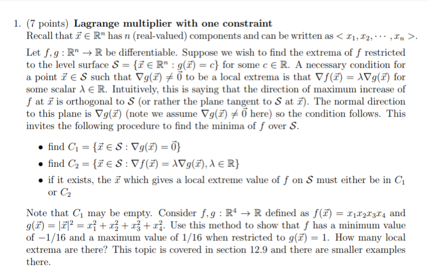Solved 1. (7 points) Lagrange multiplier with one constraint | Chegg.com
