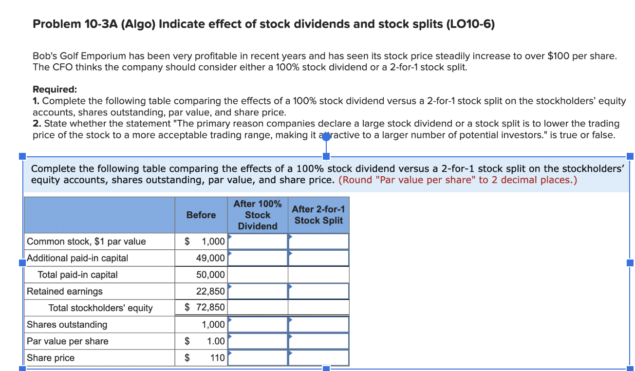 Solved Problem 10-3A (Algo) Indicate effect of stock | Chegg.com