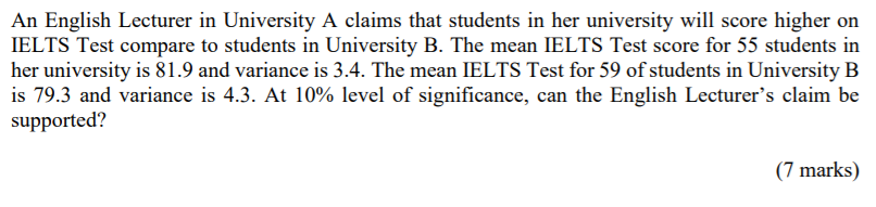 Solved An English Lecturer in University A claims that | Chegg.com