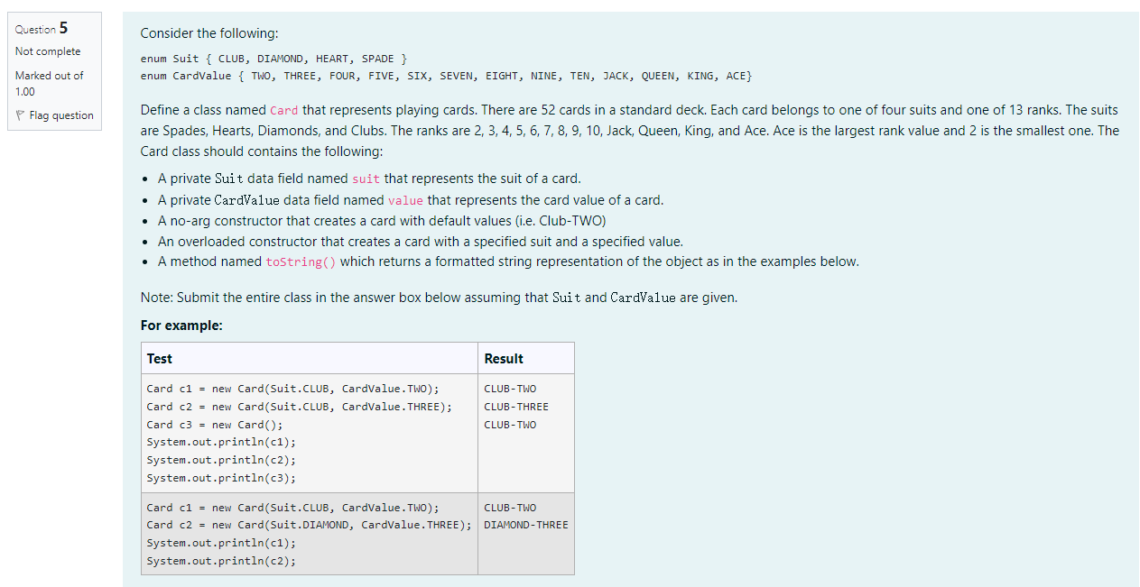 Solved Language:JAVA For example: Card c1 = new | Chegg.com