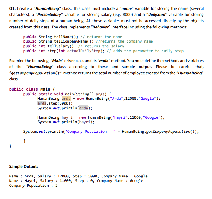 Solved Q1. Create a "HumanBeing" class. This class must | Chegg.com