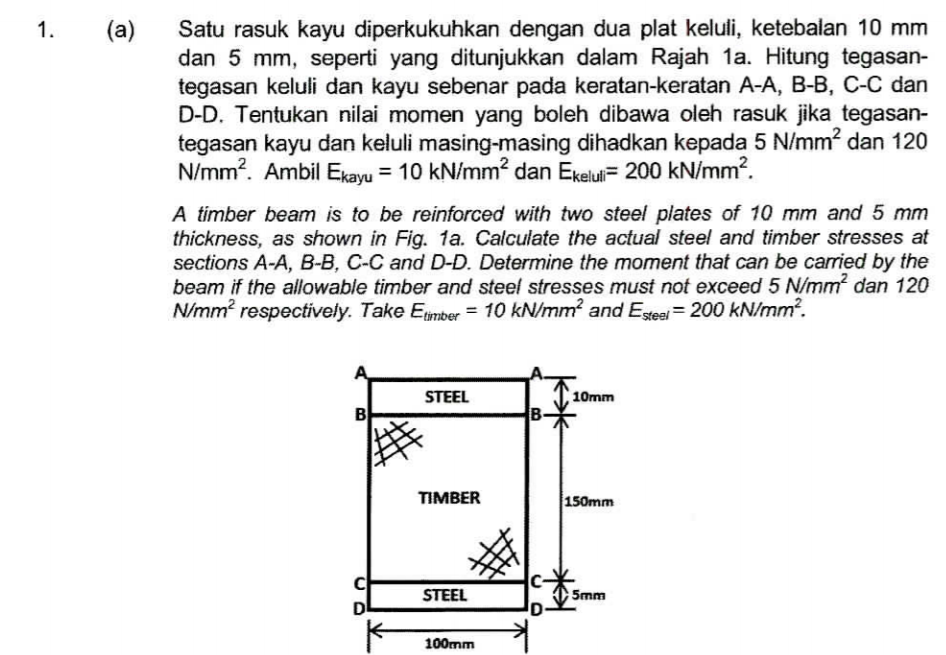 Solved 1. (a) Satu rasuk kayu diperkukuhkan dengan dua plat | Chegg.com