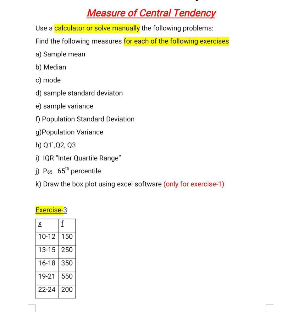 Solved Measure of Central Tendency Use a calculator or solve | Chegg.com