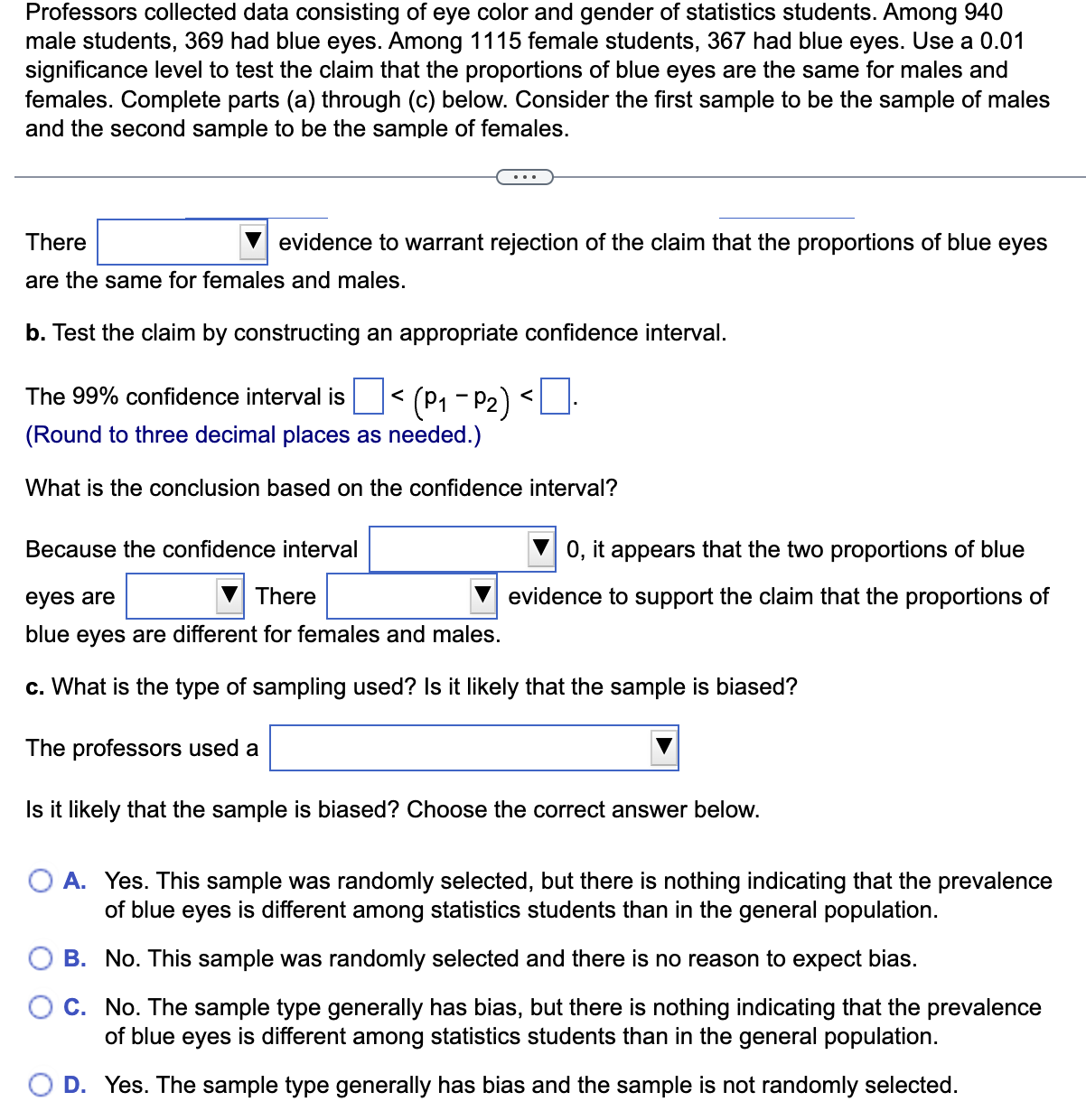 Solved Professors collected data consisting of eye color and | Chegg.com