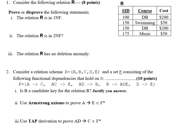 Solved 1. Consider the following relation R:--- (8 points) R | Chegg.com