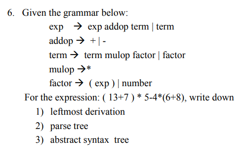 Solved 6. Given the grammar below: exp → exp addop term | | Chegg.com