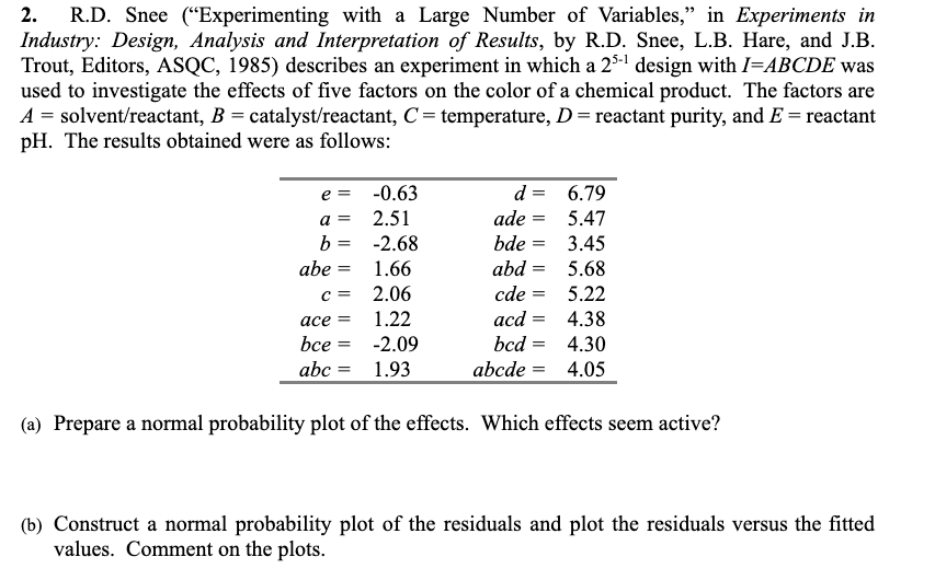 2. R.D. Snee ("Experimenting with a Large Number of | Chegg.com