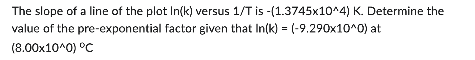 Solved The slope of a line of the plot ln(k) versus 1/T is | Chegg.com