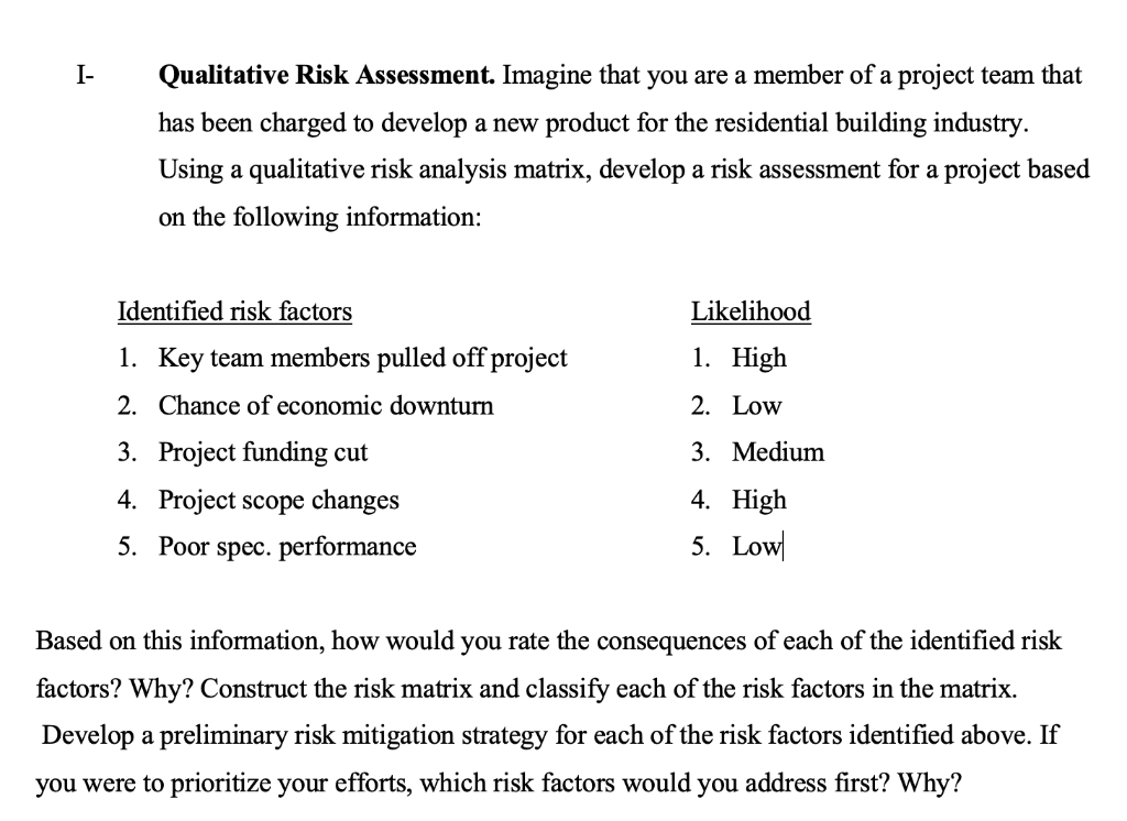 I- Qualitative Risk Assessment. Imagine that you are | Chegg.com