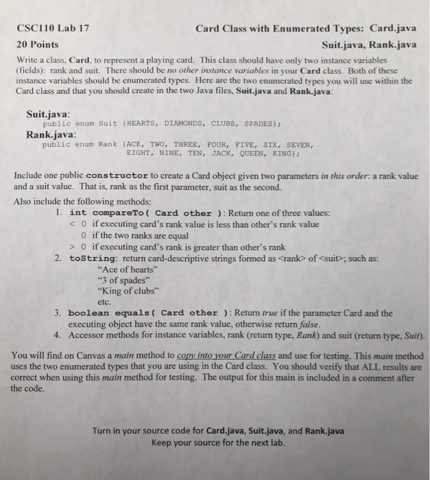 Solved CSC110 Lab 17 Card Class with Enumerated Types: | Chegg.com