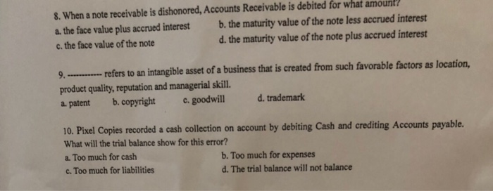 Solved 8. When a note receivable is dishonored, Accounts | Chegg.com