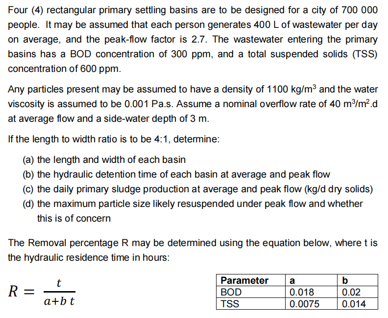 Solved Four (4) rectangular primary settling basins are to | Chegg.com