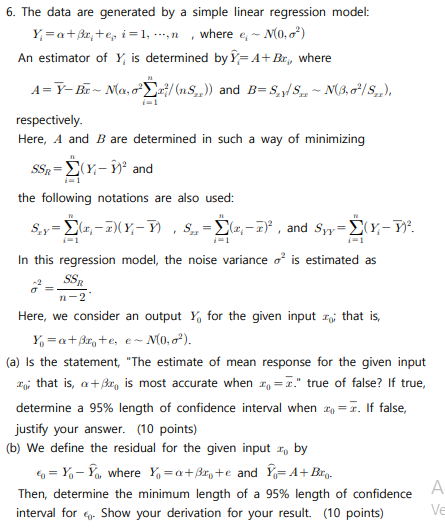 Solved BE =1 6. The data are generated by a simple linear | Chegg.com