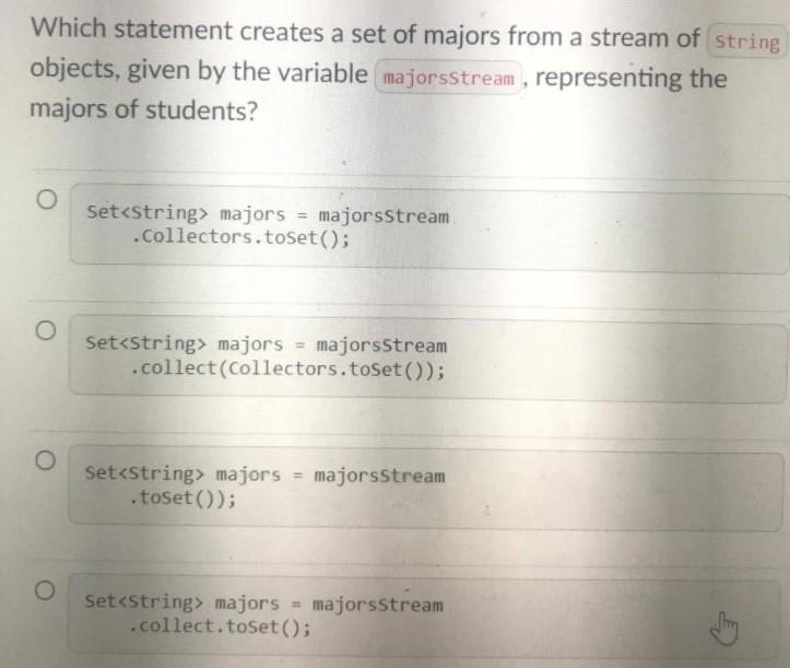 Solved Programming Language: Java Select one choice for each | Chegg.com