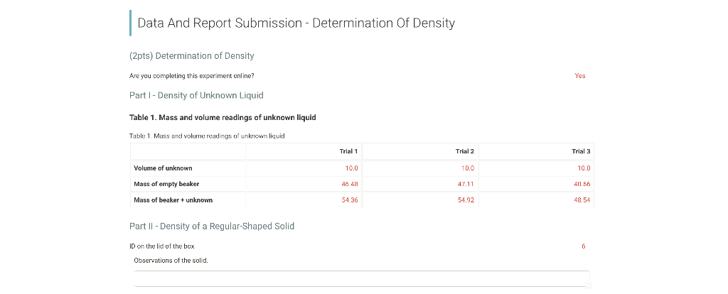 Solved Data And Report Submission - Determination Of Density | Chegg.com