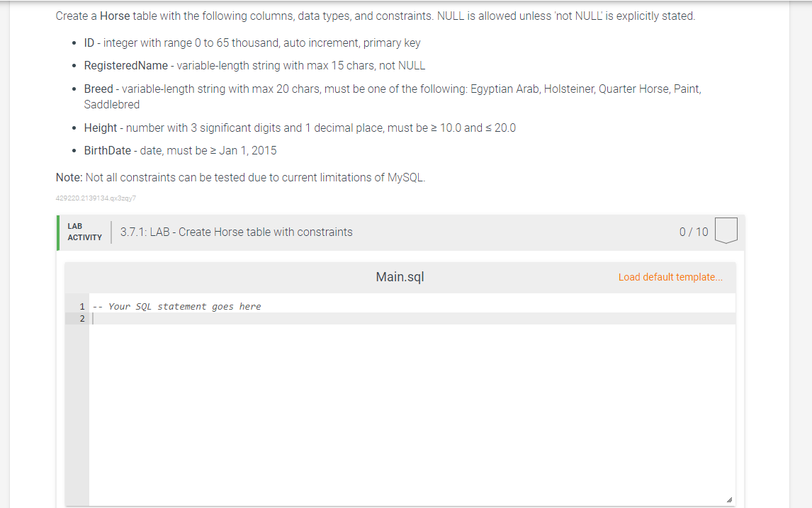 Solved Create a Horse table with the following columns, data | Chegg.com