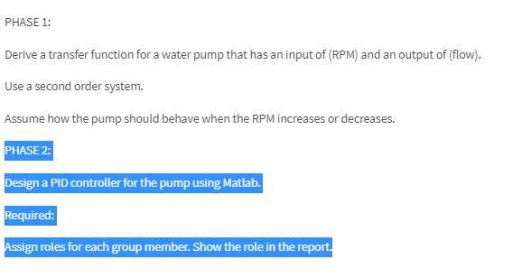 Solved PHASE 2: Design a PID controller for the pump | Chegg.com